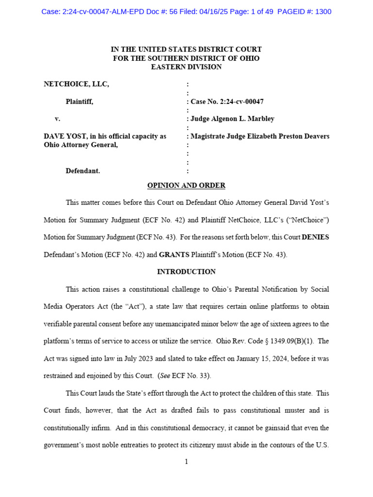 Ohio's Social Media Parental Notification Act ORDER | PDF | Standing (Law) | Facial Challenge