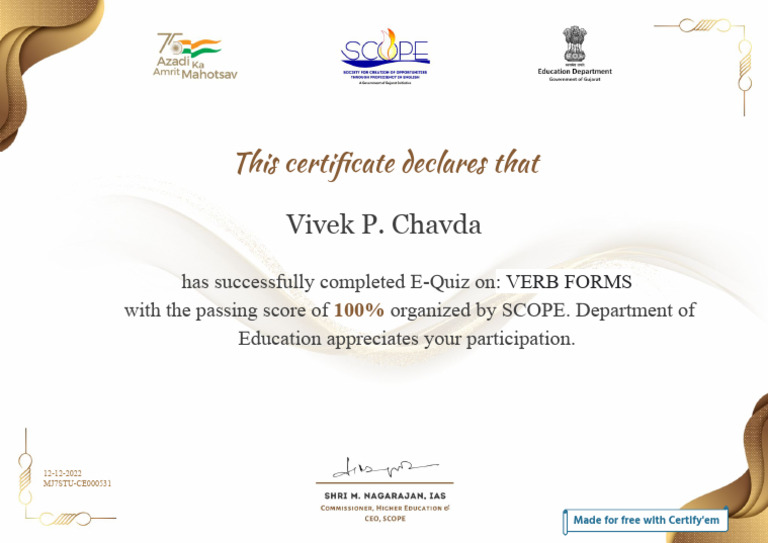Certificate For Vivek P. Chavda For - SCOPE Quiz On VERB FORMS | PDF