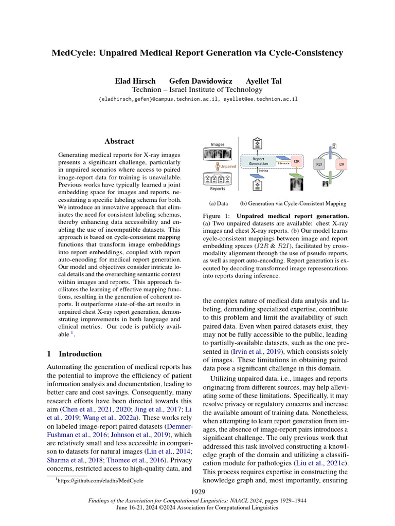 Unpaired Medical Report Generation Cycle Consistency Hirsch Tal | PDF ...