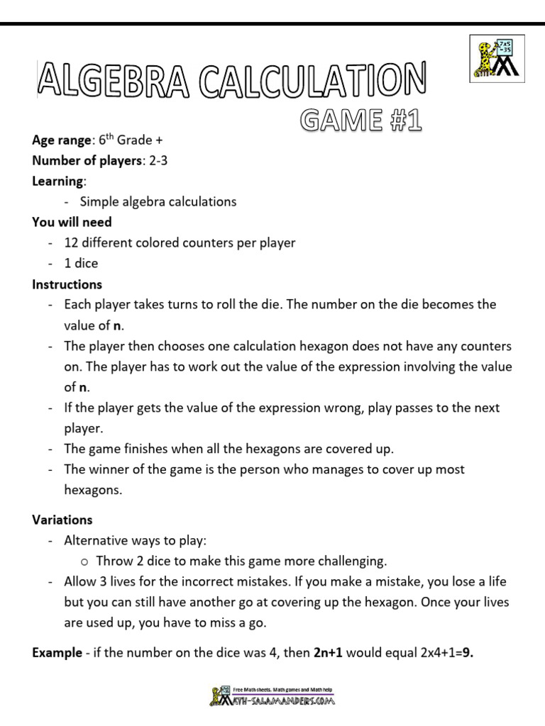 Algebra Calculation Game 1 | PDF