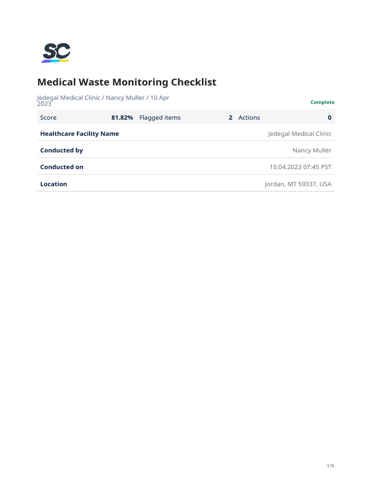 Medical Waste Monitoring Checklist Sample PDF Report | PDF | Waste ...