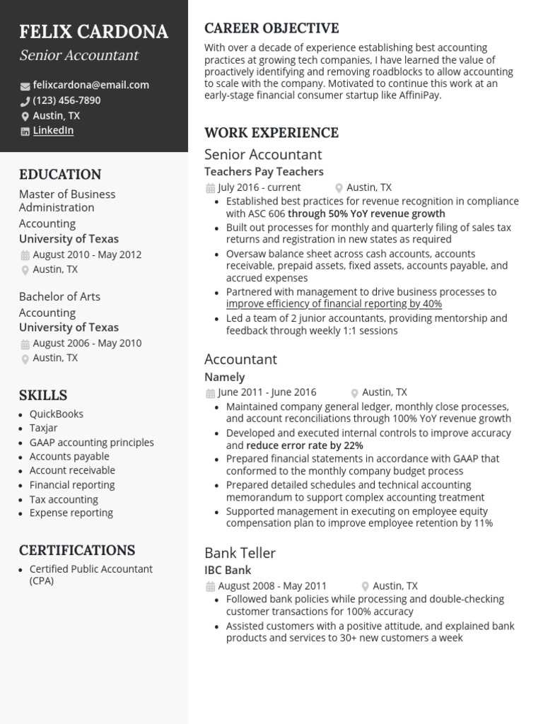 Senior Accountant Elegant Resume Example 2 | PDF | Accounting | Balance Sheet