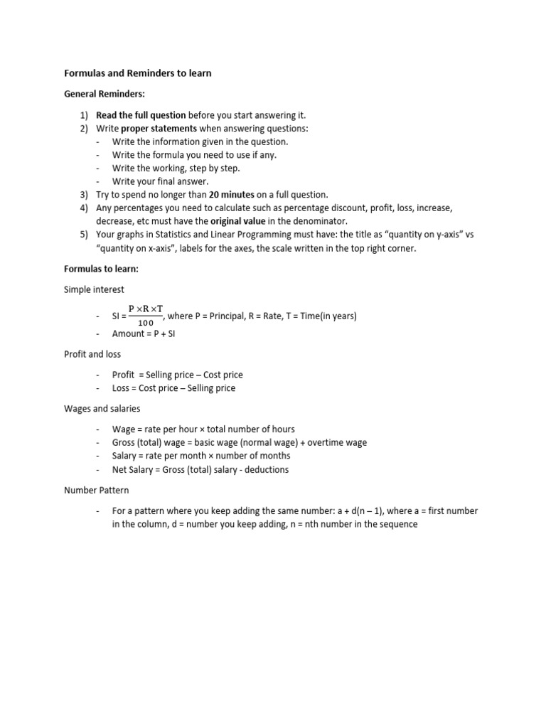 Formulas and Reminders to learn | PDF | Area | Function (Mathematics)
