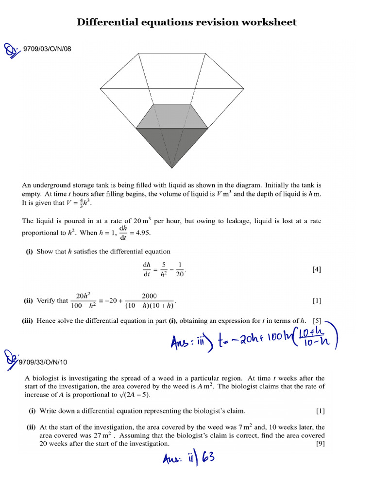 Differential Euqtions Revision Worksheet | PDF