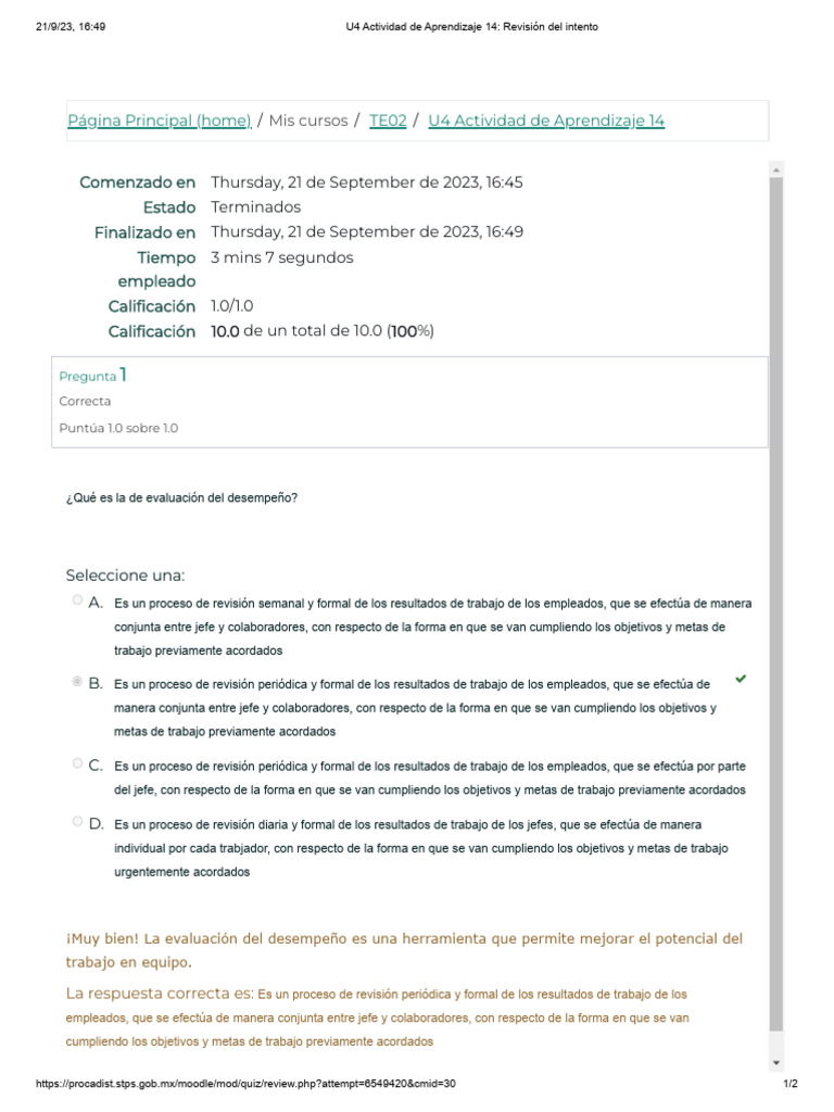 U4 Actividad de Aprendizaje 14 - Revisión Del Intento | PDF | Aprendizaje