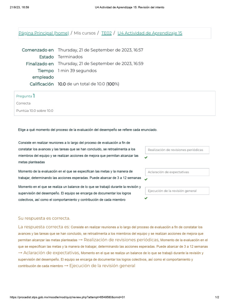 U4 Actividad de Aprendizaje 15 - Revisión Del Intento | PDF | Aprendizaje | Cognición