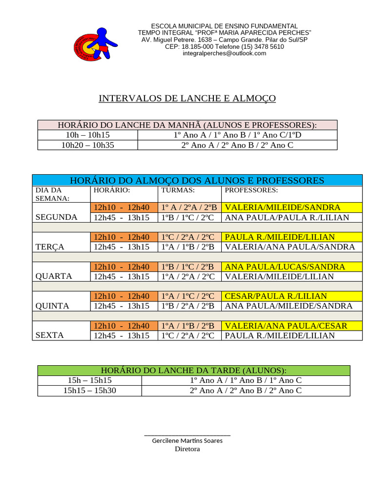 Horários de Lanche e Almoço na EMEF Perches | PDF