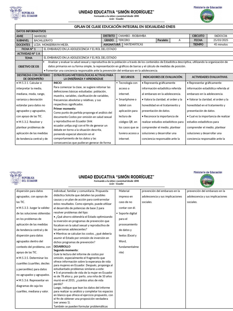Planificación de Clase sobre ENEIS | PDF | Cuantil | Mediana