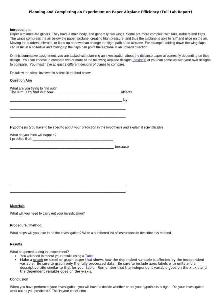 Paper Airplane Efficiency Lab Report | PDF | Scientific Method | Prediction