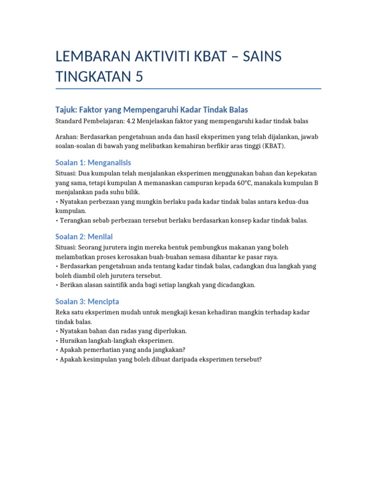 Lembaran Aktiviti KBAT Sains T5 | PDF