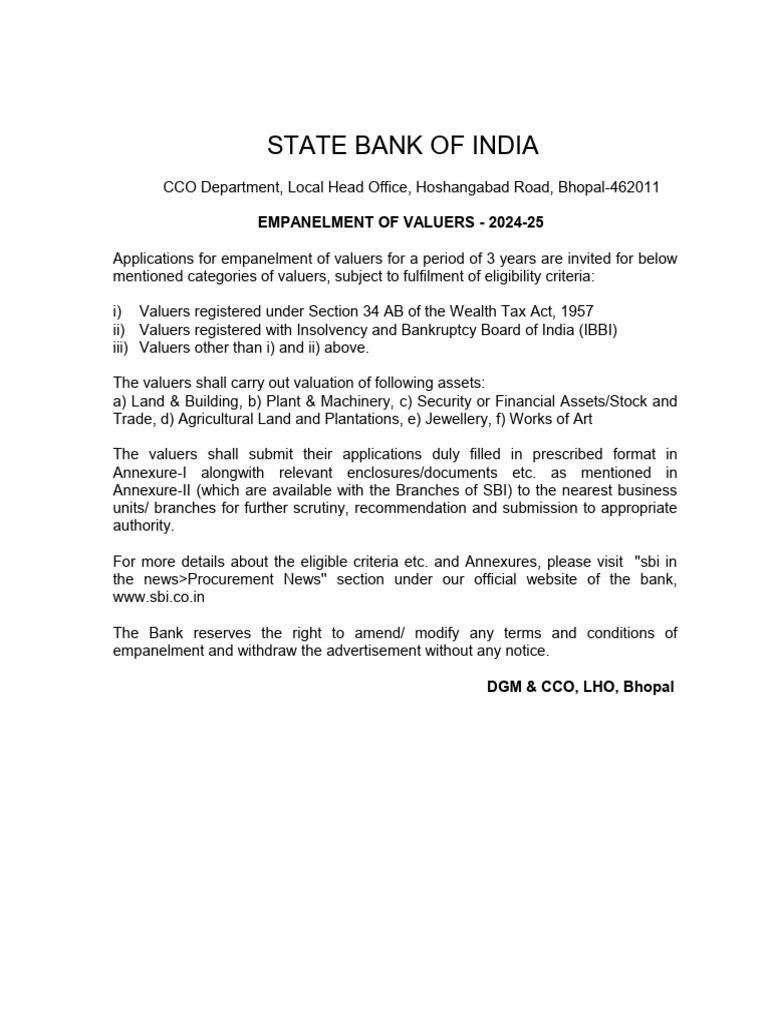 SBI Valuer Empanelment Notice 2024-25 | PDF