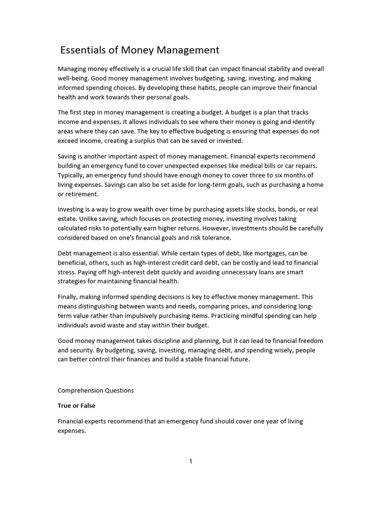 Reading Comprehension Money | PDF | Investment Management | Expense