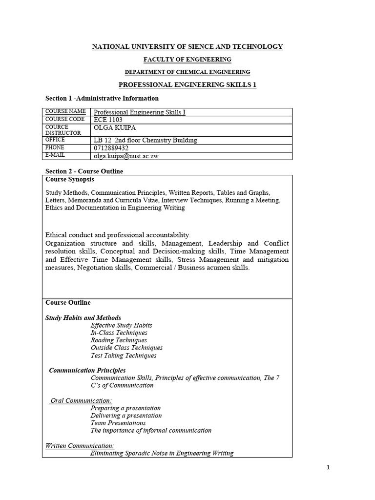 Course Outlines ECE 1103 Professional Engineering Skills I (2022) | PDF | Engineering ...
