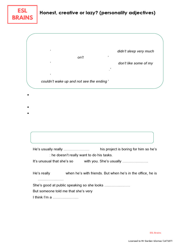 ESL Brains Honest Creative or Lazy Personality Adjectives SV 4509 | PDF