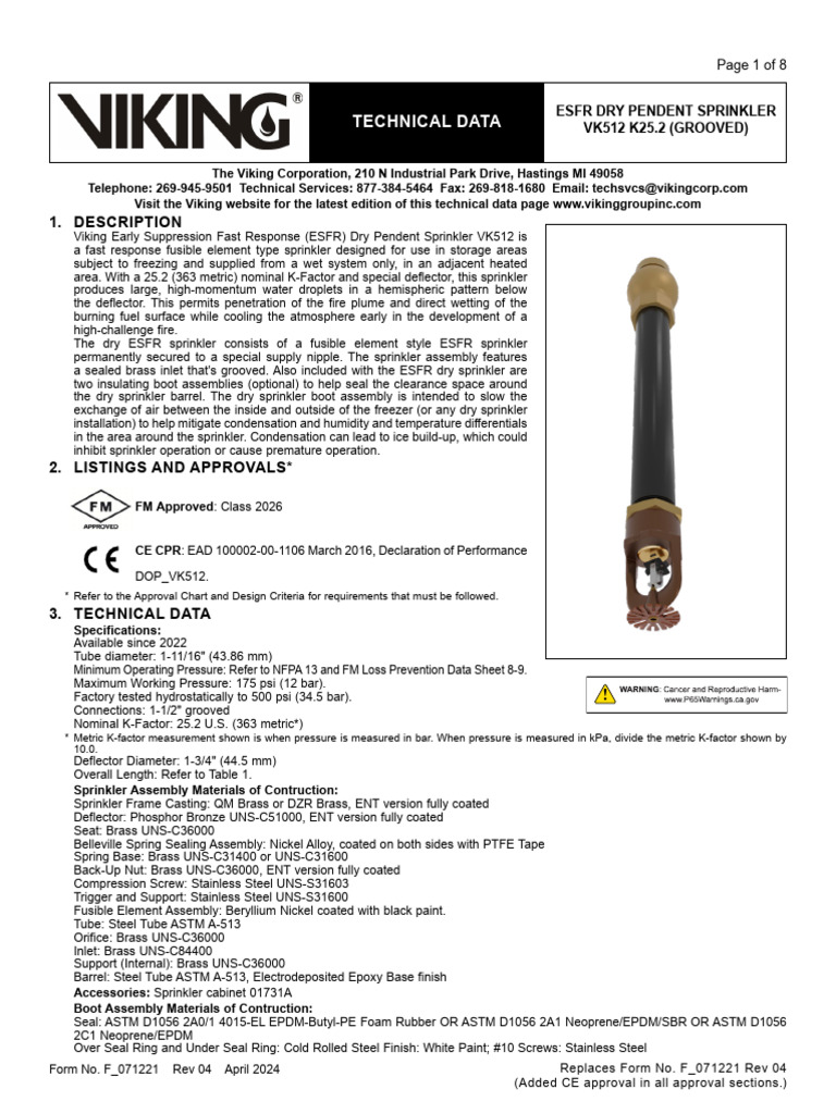 ESFR Dry Pendent Sprinkler VK512 K25.2 | PDF | Fire Sprinkler System
