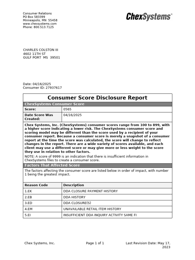 Consumer Score Disclosure Report | PDF