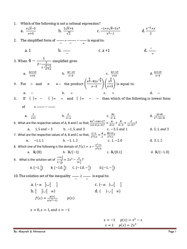 Grade 11 Mathematics Worksheet on Rational Expressions | PDF ...