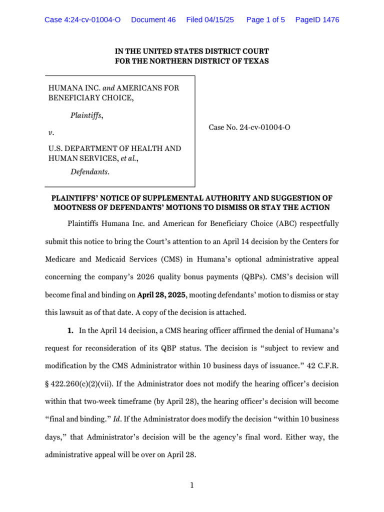 Plaintiffs' Notice of Supplemental Authority and Suggestion of Mootness of Defendants' Motions ...