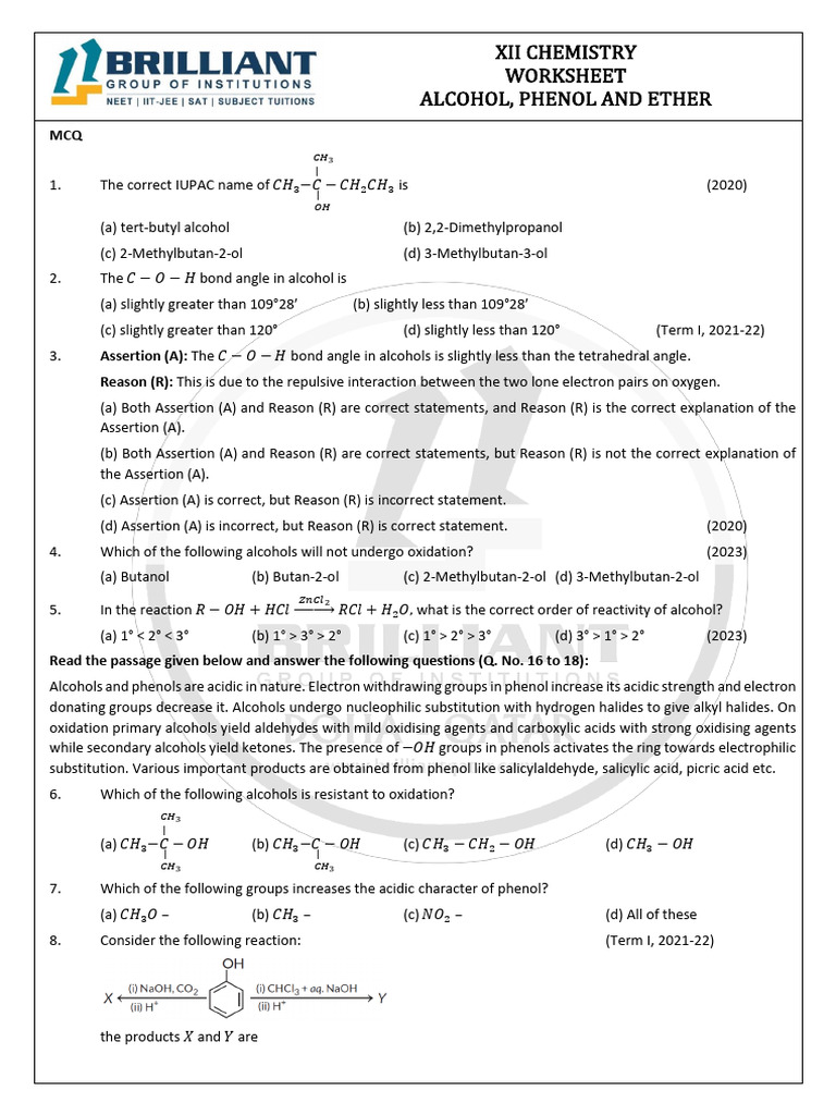 Xii-Alcohol, Phenol and Ether-Ws | PDF | Ether | Alkene