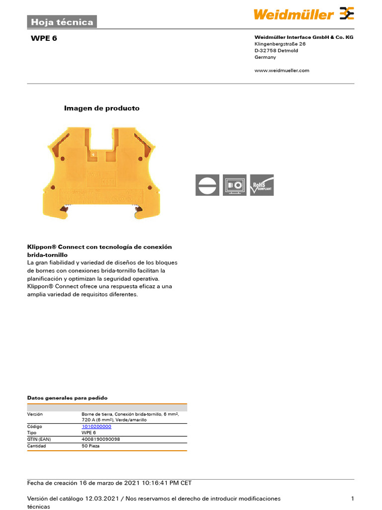 Weidmuller WPE 6 | PDF | Tornillo | Mecanizado