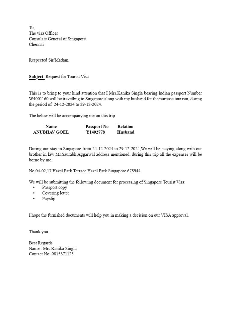 Cover Letter - Tourist - Sample | PDF