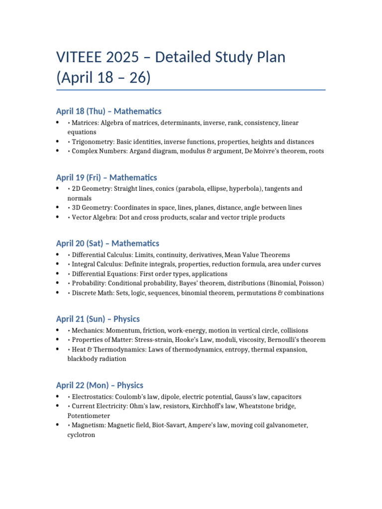 VITEEE 2025 Detailed Study Plan | PDF | Chemical Reactions | Chemistry
