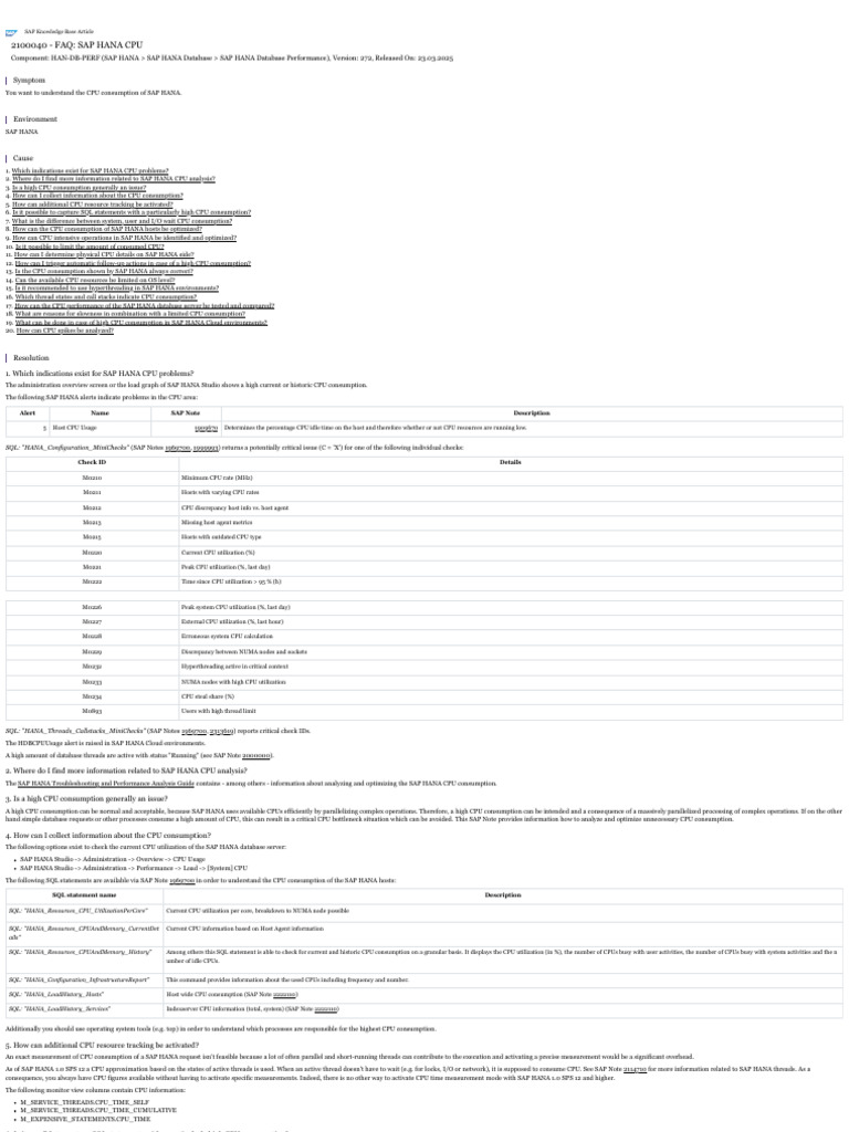 FAQ SAP HANA CPU v272 | PDF | Operating System | Thread (Computing)