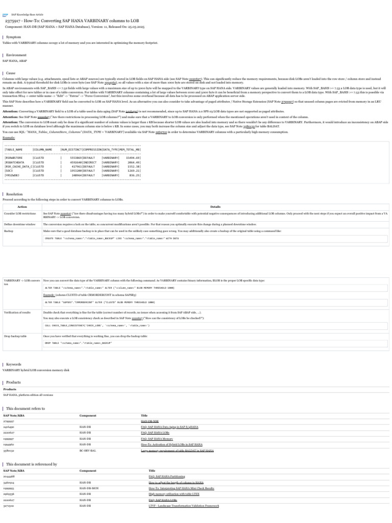 How To Converting SAP HANA VARBINARY Columns To LOB v11 | PDF | Databases | Data Management