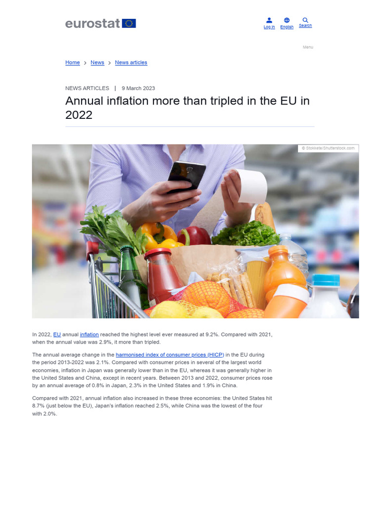 Annual inflation more than tripled in the EU in 2022 - Products Eurostat News - Eurostat | PDF