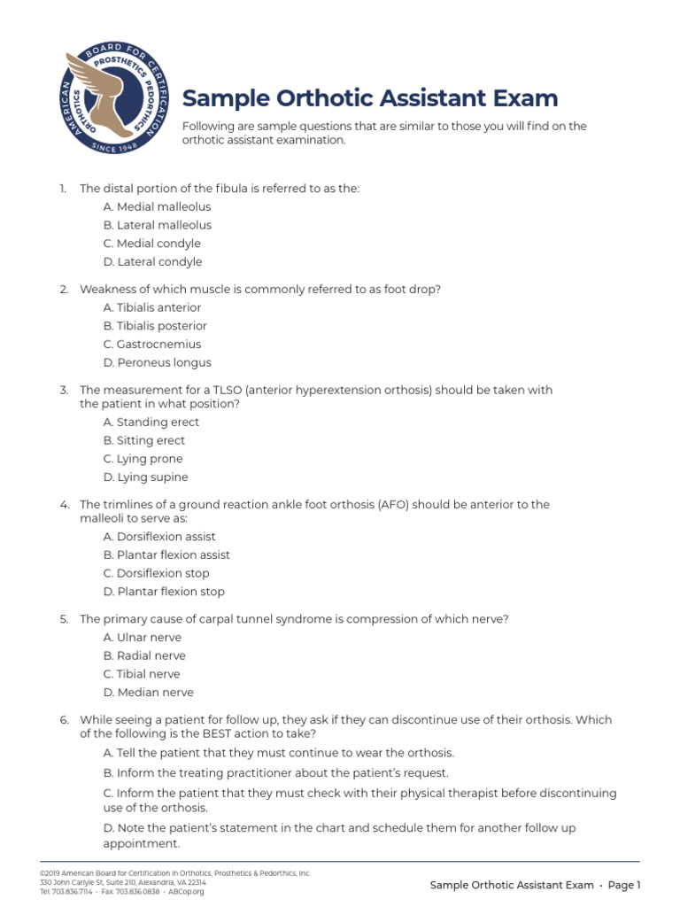 Assistant Sample o and P Written Exam | PDF | Prosthesis | Foot