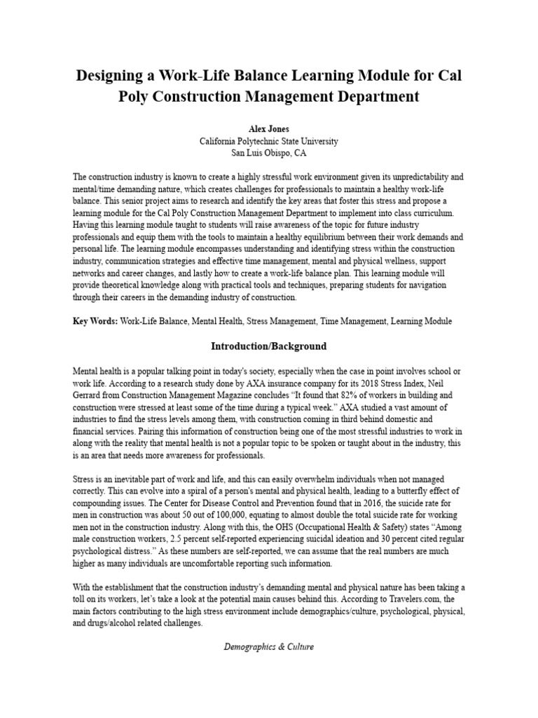 Designing a Work-Life Balance Learning Module for Cal Poly Constr | PDF ...