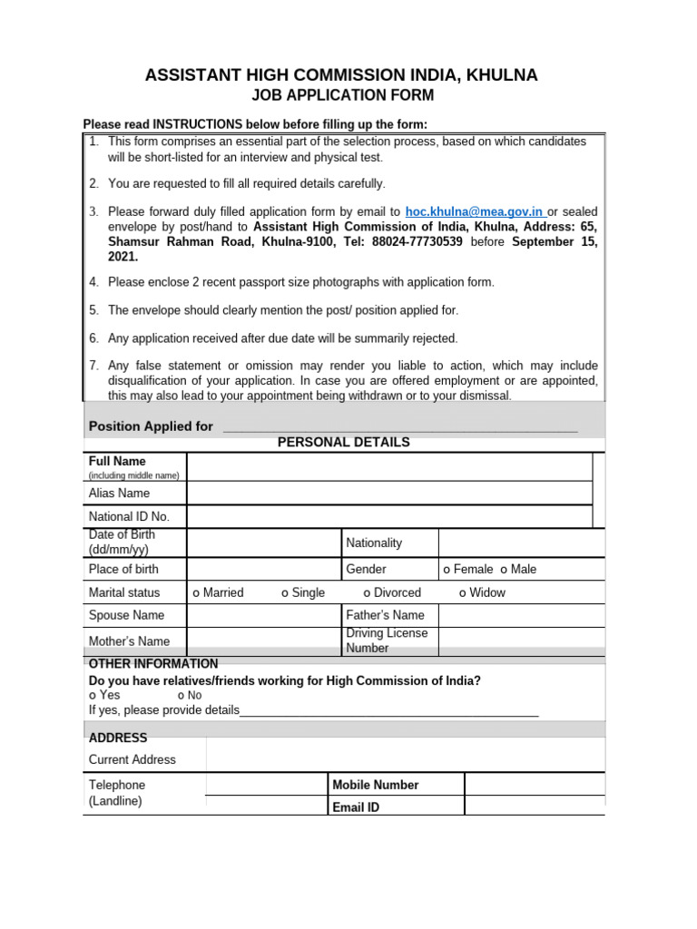 Job Application Form AHCI Khulna | PDF