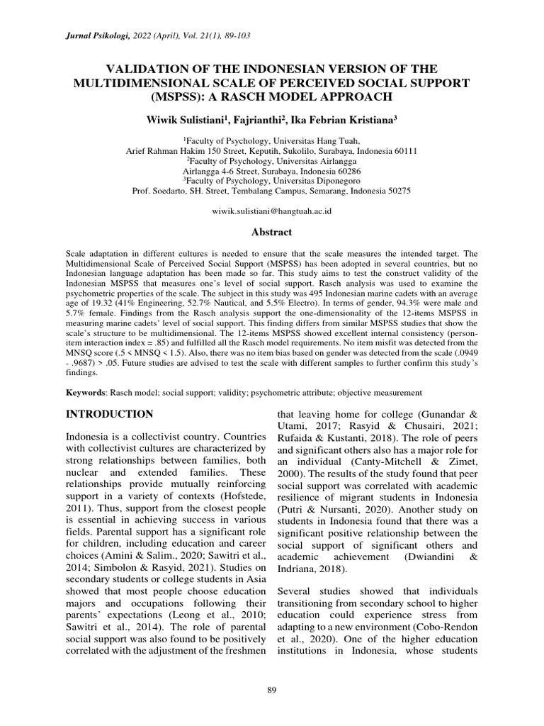 Indonesian MSPSS Validation Study | PDF | Psychometrics | Validity (Statistics)