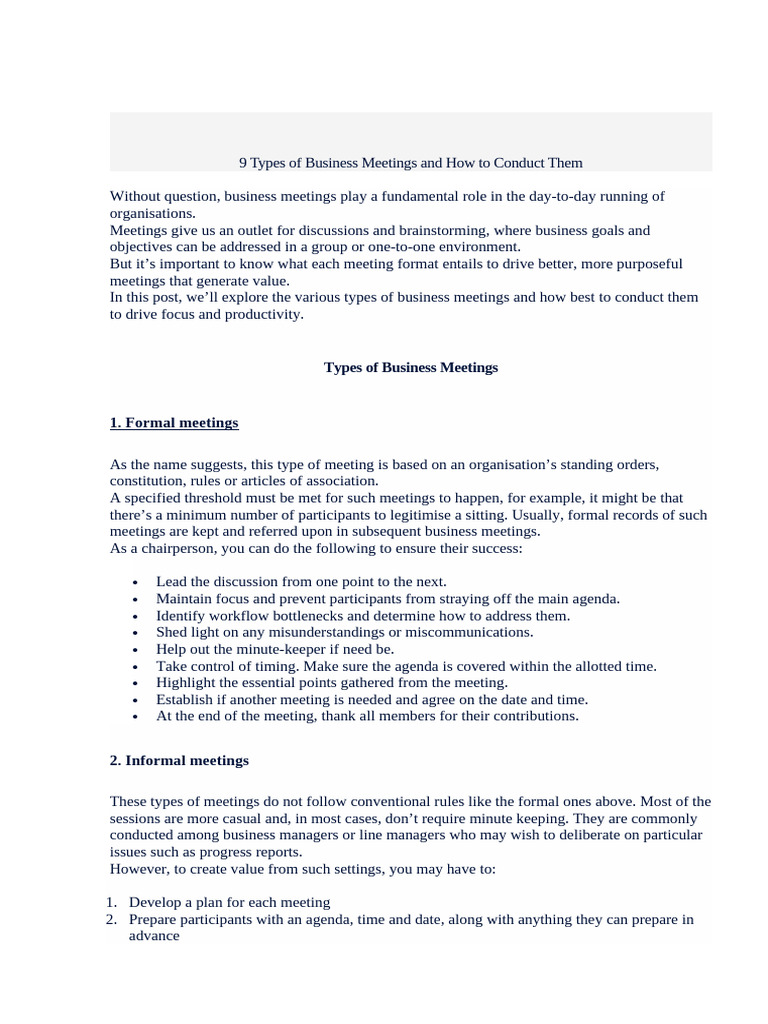 Types of Business Meetings Explained | PDF | Brainstorming | Governance