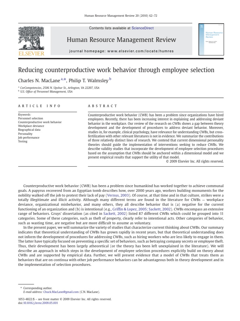Reducing Counterproductive Work Behavior Through Employee Selection | PDF | Factor Analysis ...