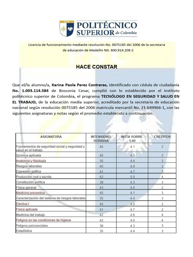 Sabana de Notas No. 1.003.114.584 | PDF | Seguridad y salud ocupacional ...
