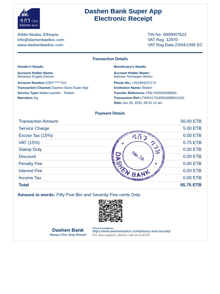 Wallet Transfer Telebirr 793LTWS250280001 | PDF | Taxation | Money
