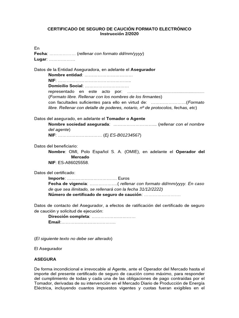 modelo_certificado_de_seguro_de_caucion_el | PDF | Póliza de seguros | Seguro