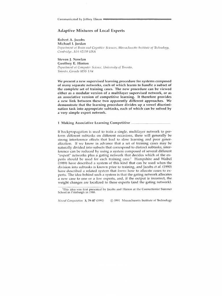 Adaptive Mixtures of Local Experts | PDF