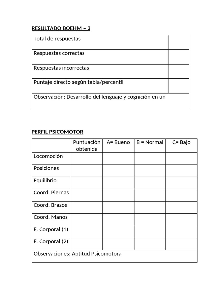 Evaluación Psicomotora BOEHM 3 | PDF