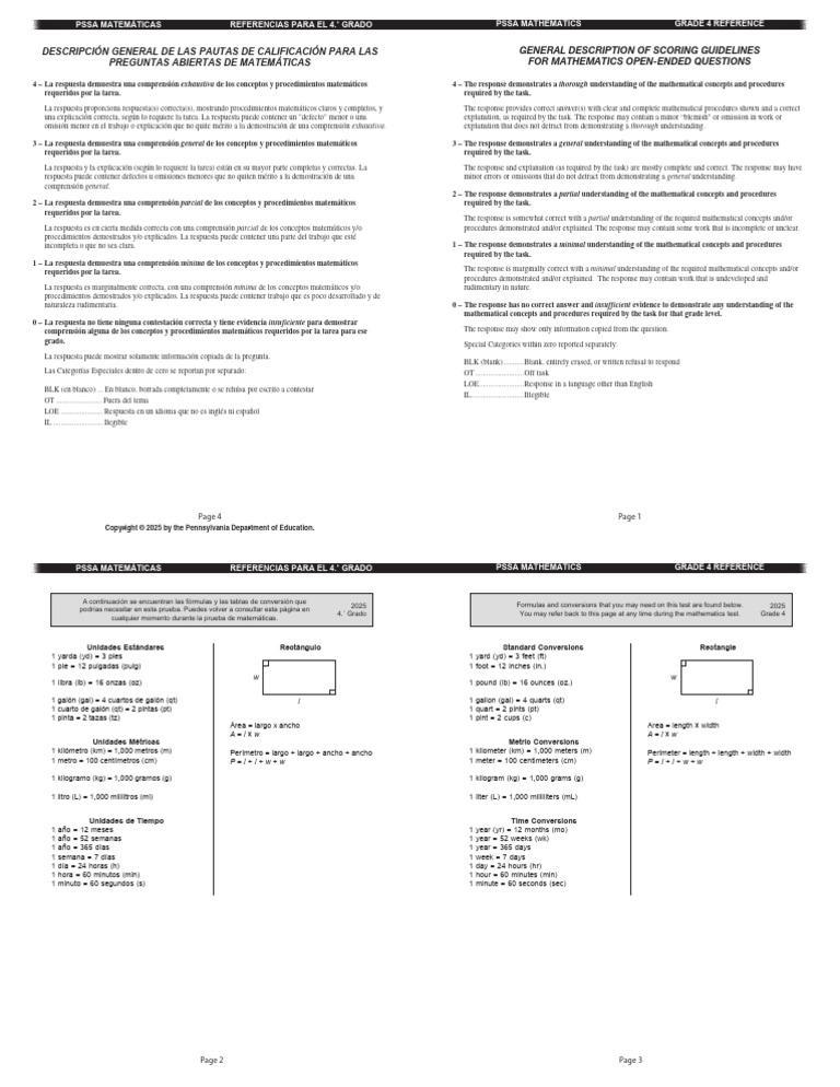 GR 4 Math Spanish Scoring Guidelines and Formula Sheet | PDF | Volumen ...