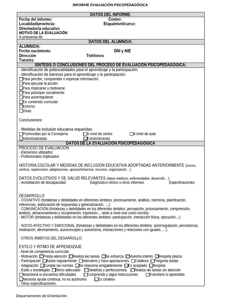 Informe Evaluacion Psicopedagogica | PDF | Evaluación | Aprendizaje