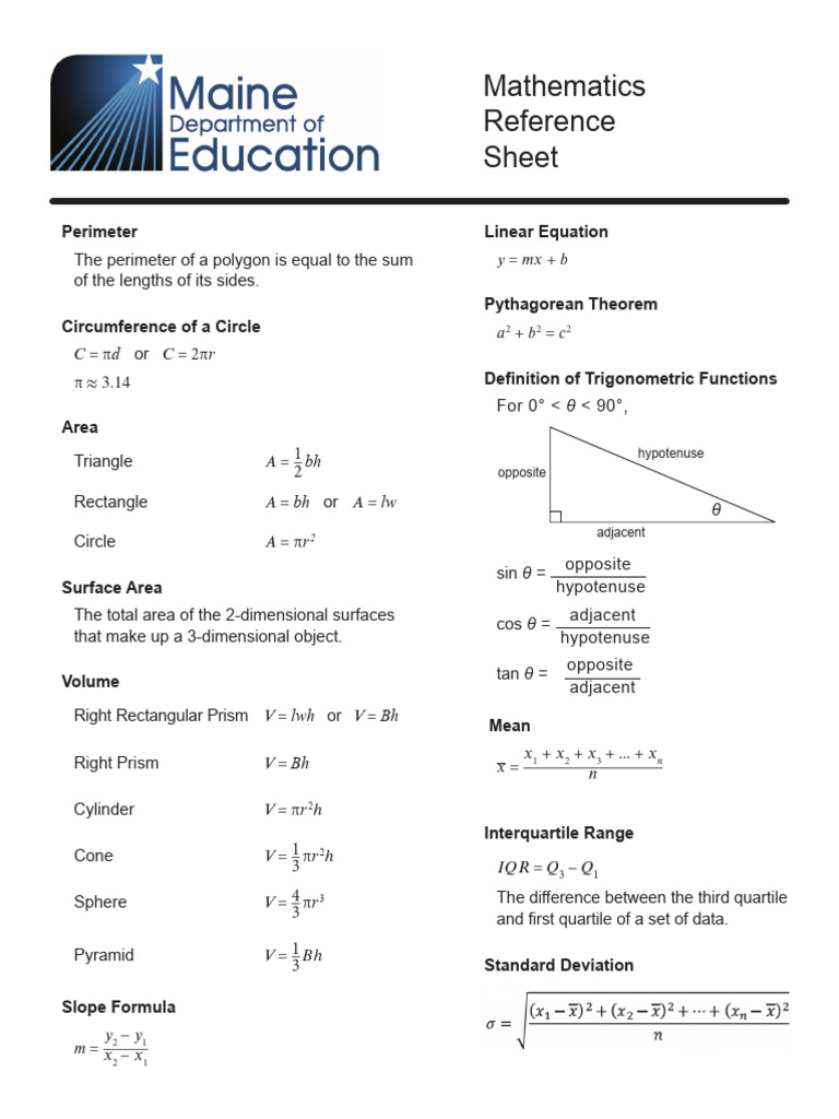 Maine Math Reference Sheet | PDF | Pi | Circle