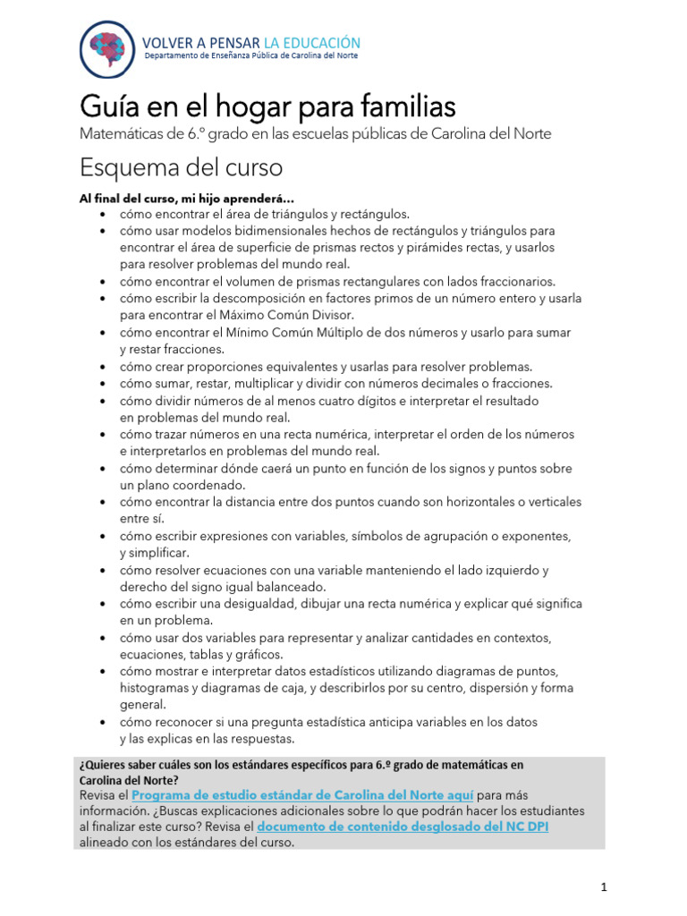 Rethink Education - 6th Grade Math Parent Guide - Spanish | PDF ...