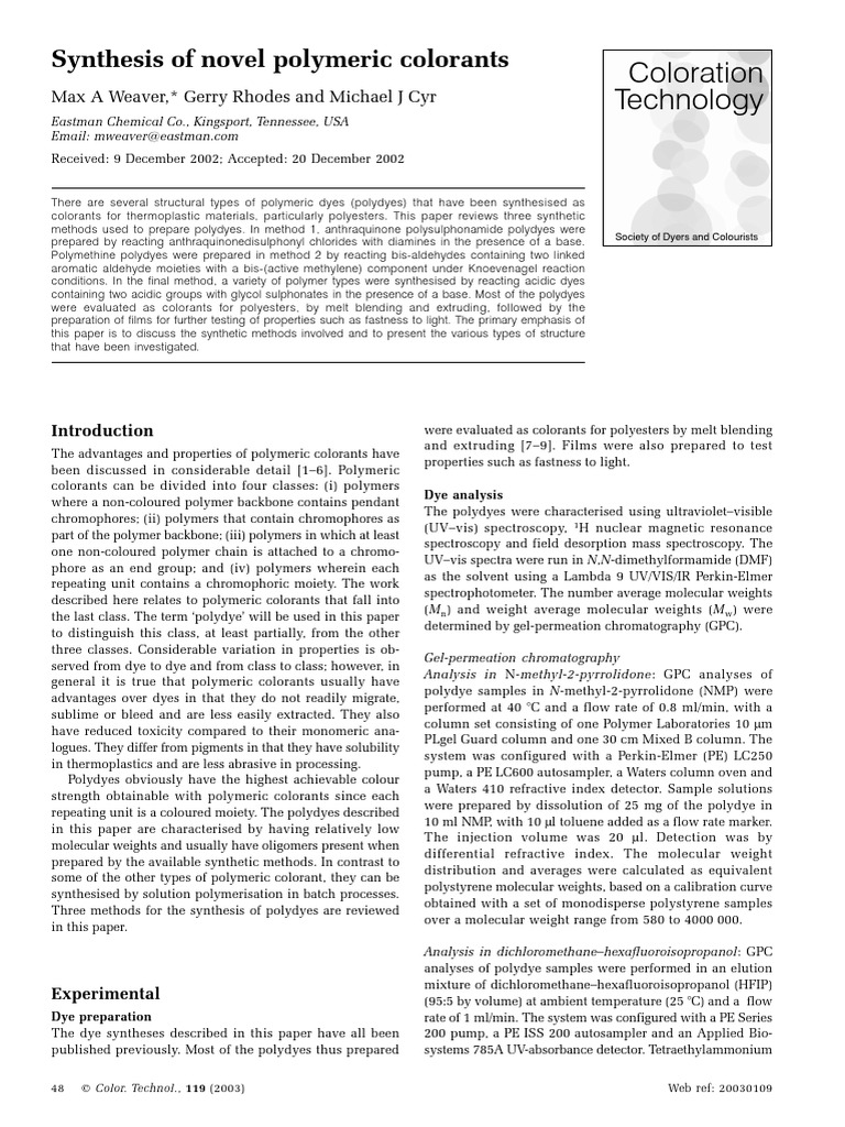 Synthesis of Novel Polymeric Colorants | PDF | Polymers | Polyester