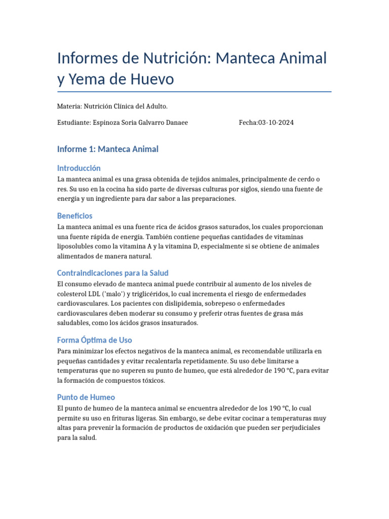 Informes Manteca Animal Yema Huevo | PDF | gordo | Grasa saturada