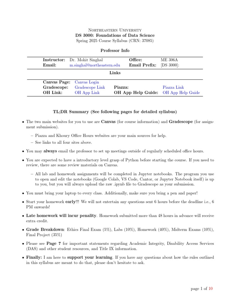 DS 3000 Syllabus Spring 2025 | PDF | Data Science | Machine Learning