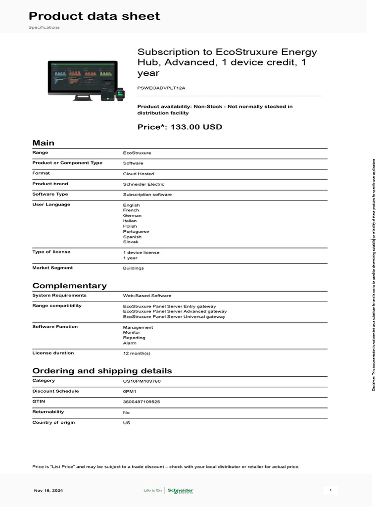 EcoStruxure Energy Hub Subscription Details | PDF | Software | Server (Computing)