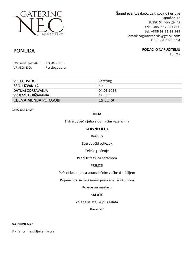 Ponuda - Catering - Djurak - 04 05 2025 | PDF