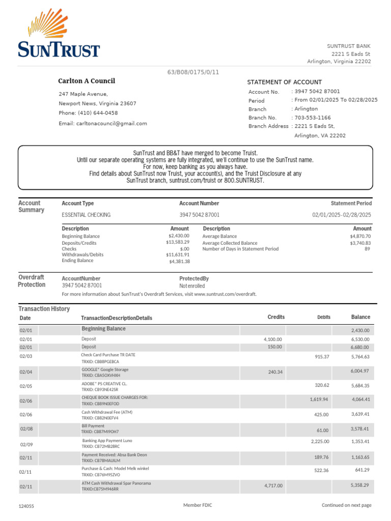 173 Carlton A Council Suntrust Bank-Statement | PDF | Financial ...